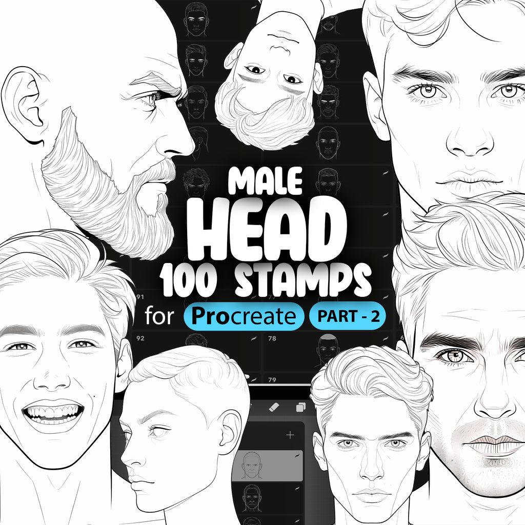 100 Procreate Male Head Stamps Part -2 Brushes – ProCreativeBreeze