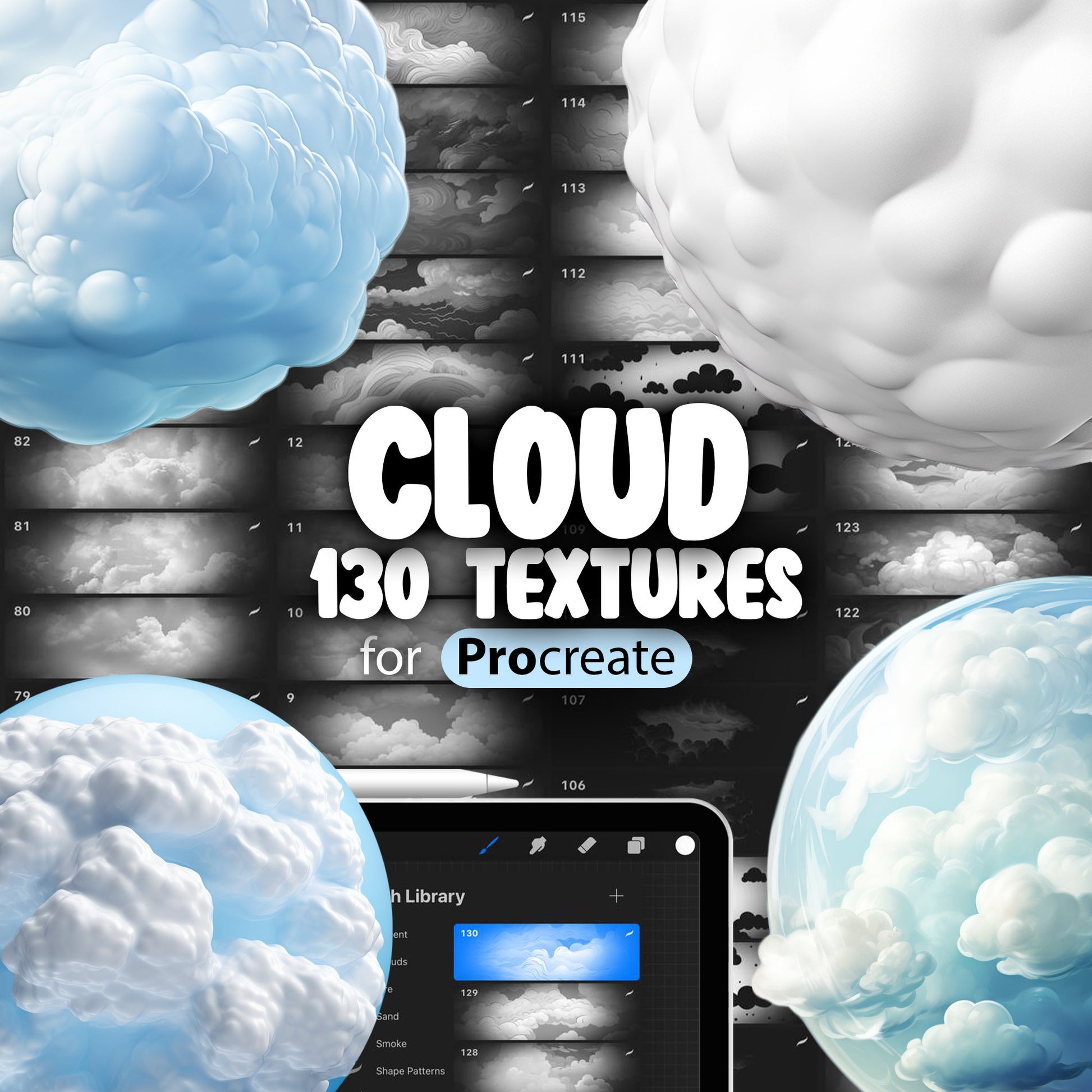 130 Procreate Clouds Textures, Realistic Clouds Procreate Seamless Bru ...