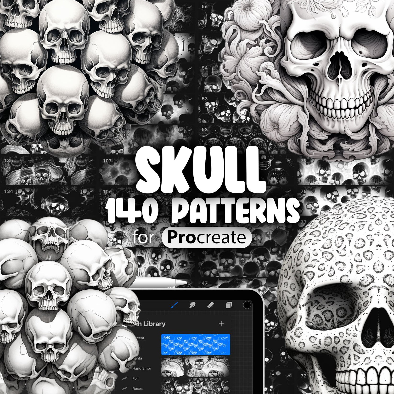 140 Procreate Skull Patterns, Gothic Skull Procreate Seamless Texture ...